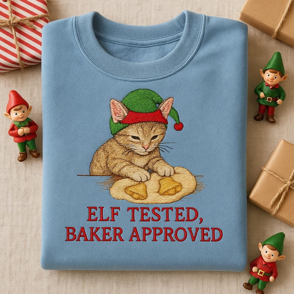 Embroidered Elf Approved Baker Cat Sweatshirt, Christmas Cookie Kitty Shirt, Holiday Baking Cat ...