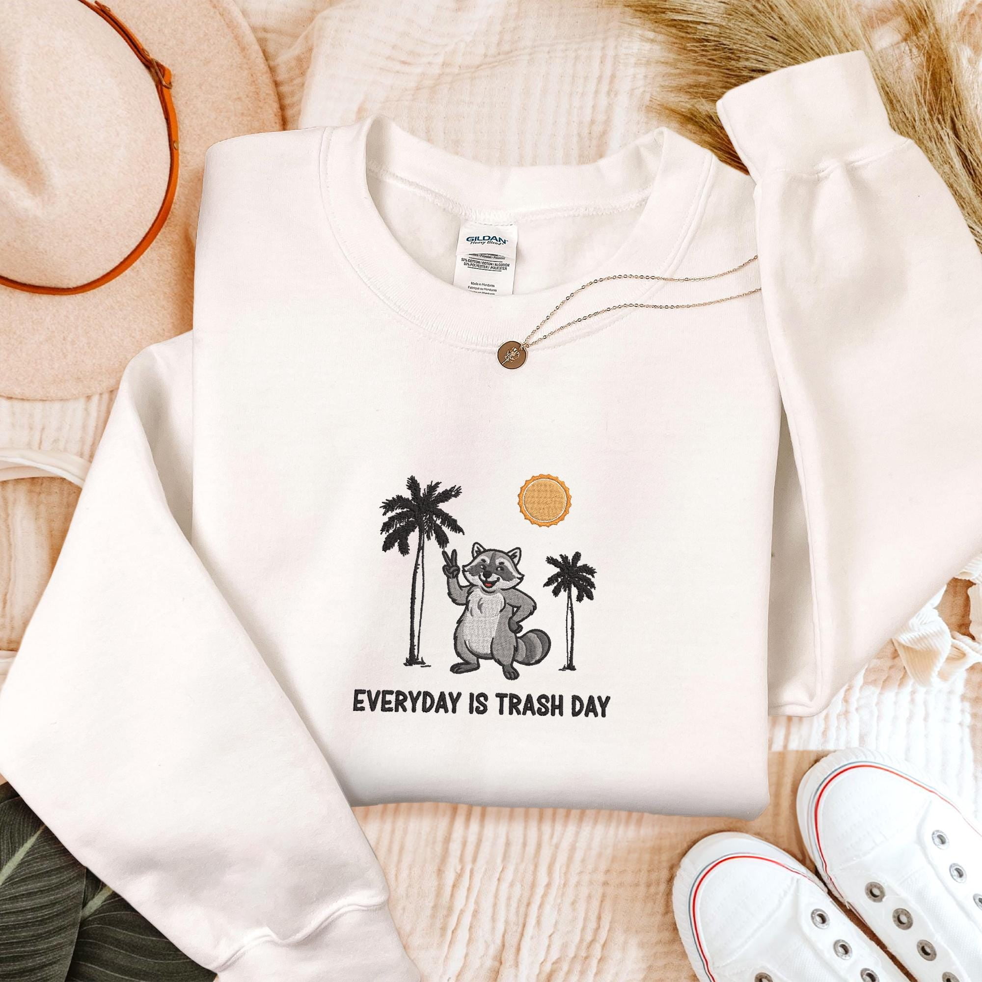 Embroidered Everyday Is Trash Day Raccoon Meme Shirt, Retro Sunset Tee ...