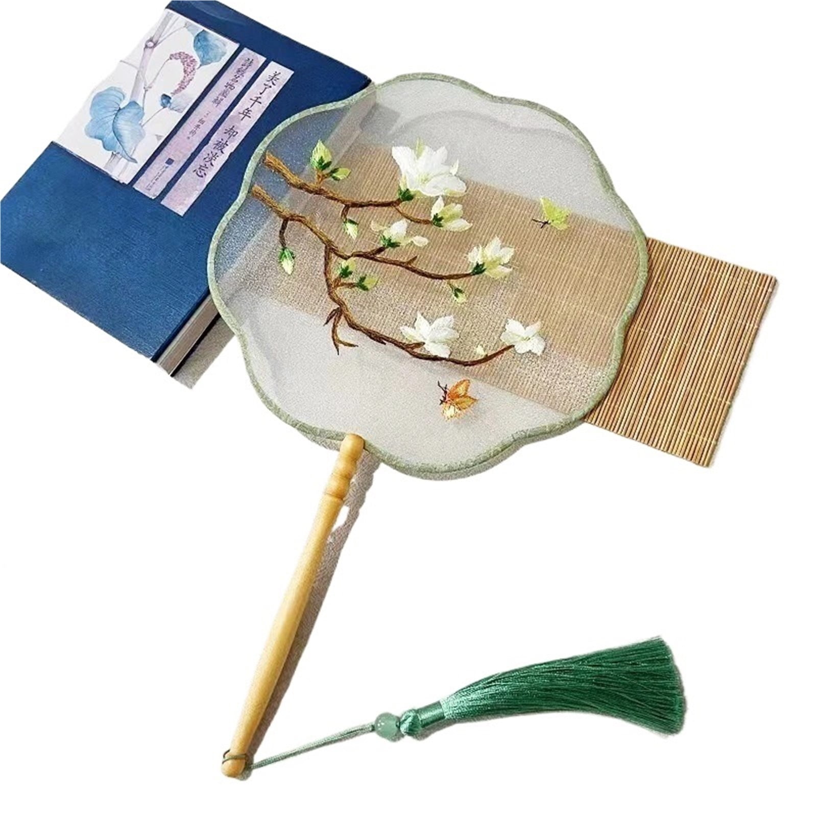 Embroidered Fan Semi-transparent Classical Long Handle Tassel Dance Fan ...