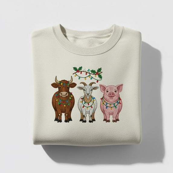 Embroidered Farm Animals Christmas Sweatshirt, Cow Goat Pig with Xmas ...