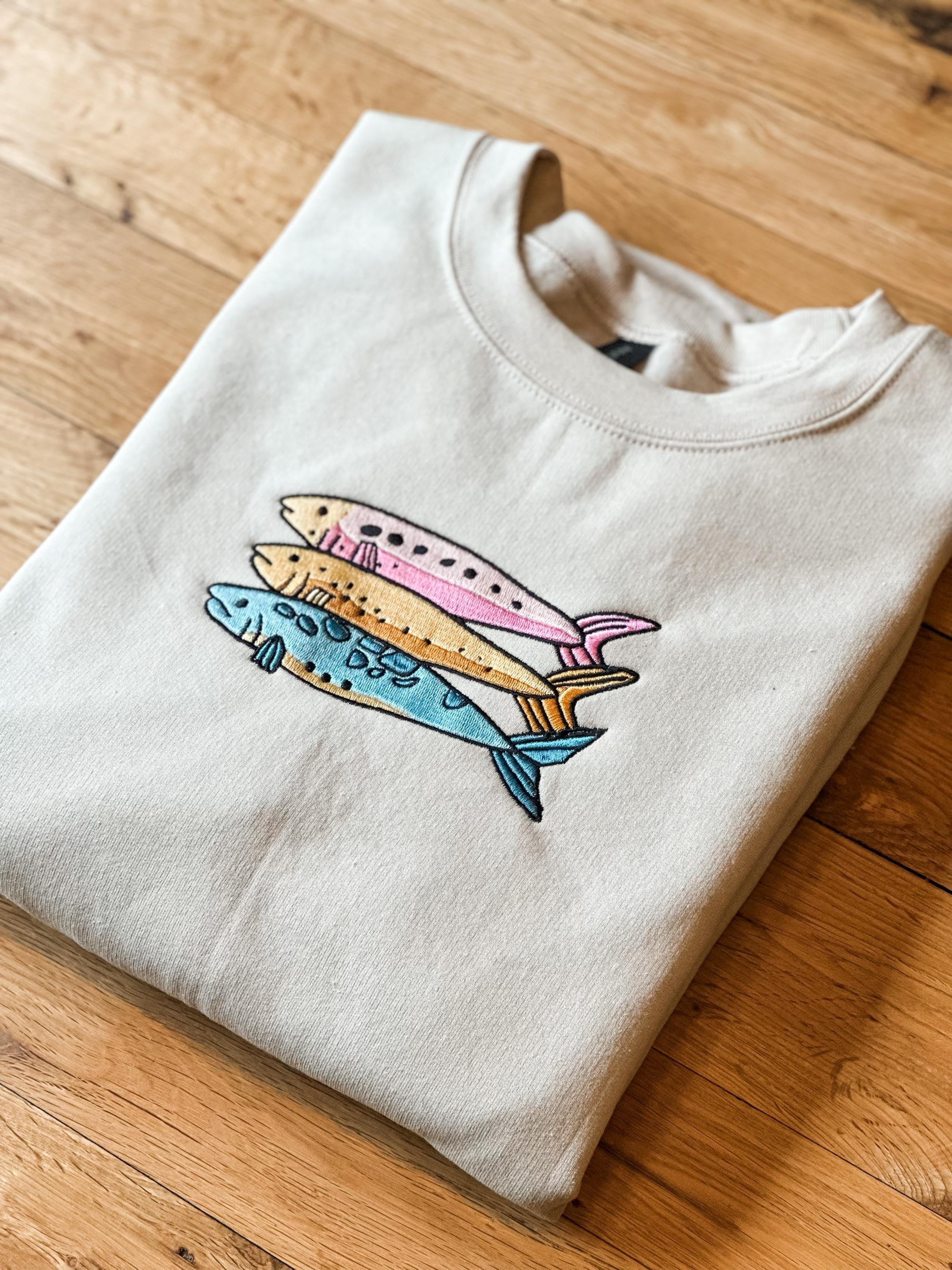 Embroidered Fish Sweatshirt: Coastal Pastel Crewneck - Walmart.com