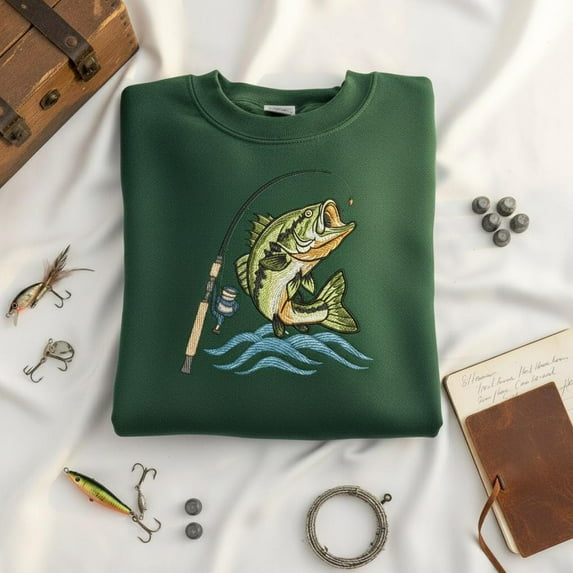 Embroidered Fishing Sweatshirt with Largemouth Bass and Rod Design ...