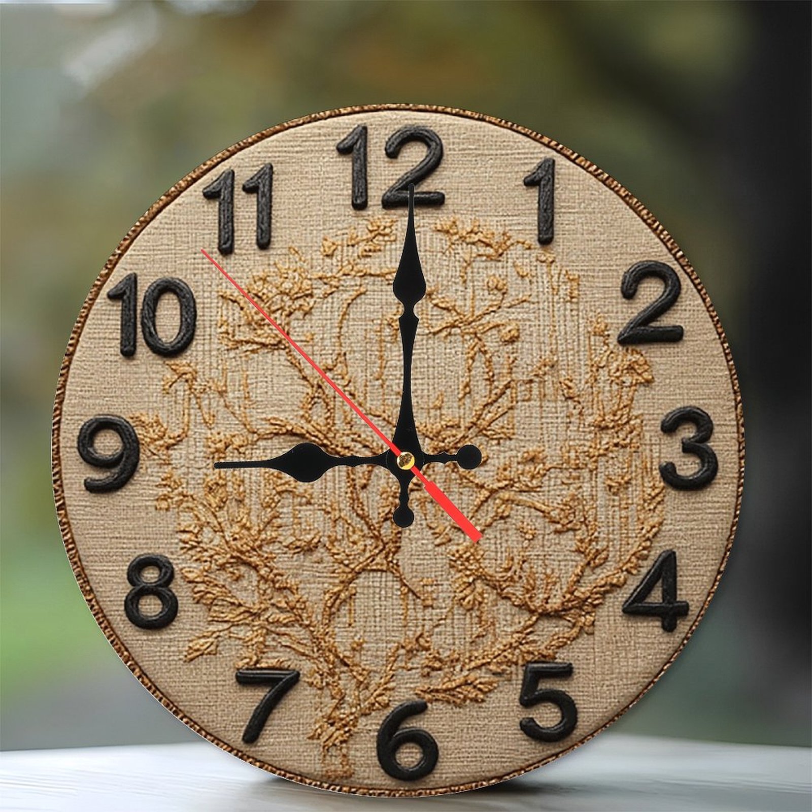 Embroidered Floral Beige Wall Clock 10-Inch Silent Wooden Wall Clock ...