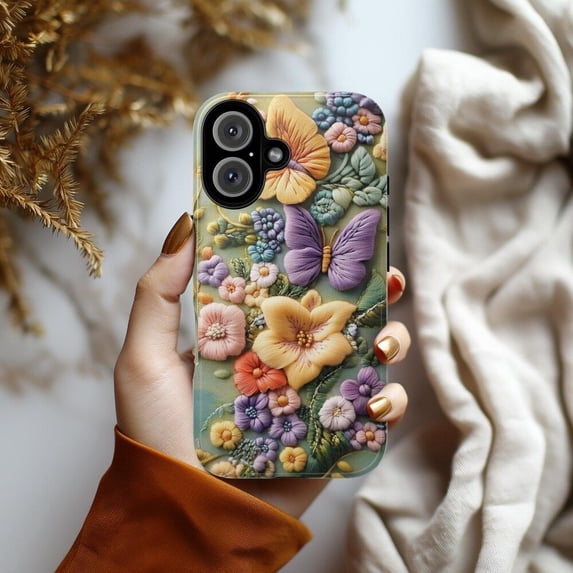 Embroidered Floral Butterfly Botanical Phone Case with iPhone 17 to 11 ...