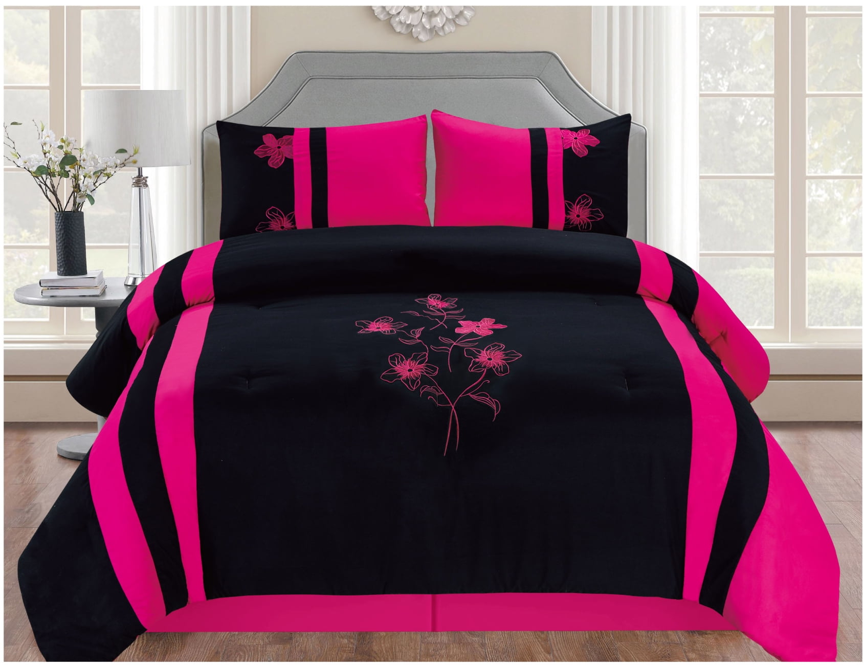 Queen Size 8-Piece Embroidered Floral Pink and Black Comforter Set with ...
