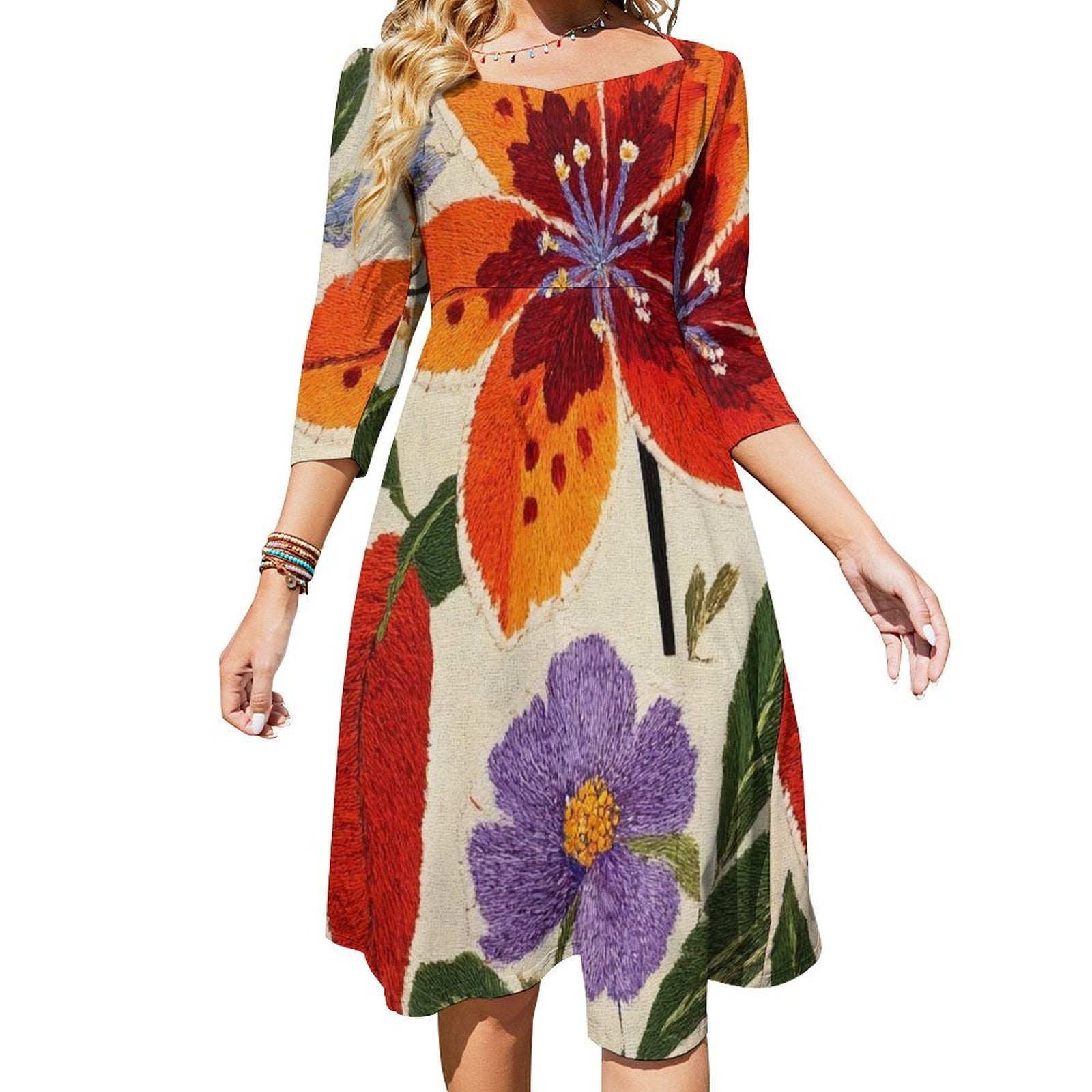 Embroidered Floral Textile Artwork Beauty Flare Dress Square Neck Dress ...
