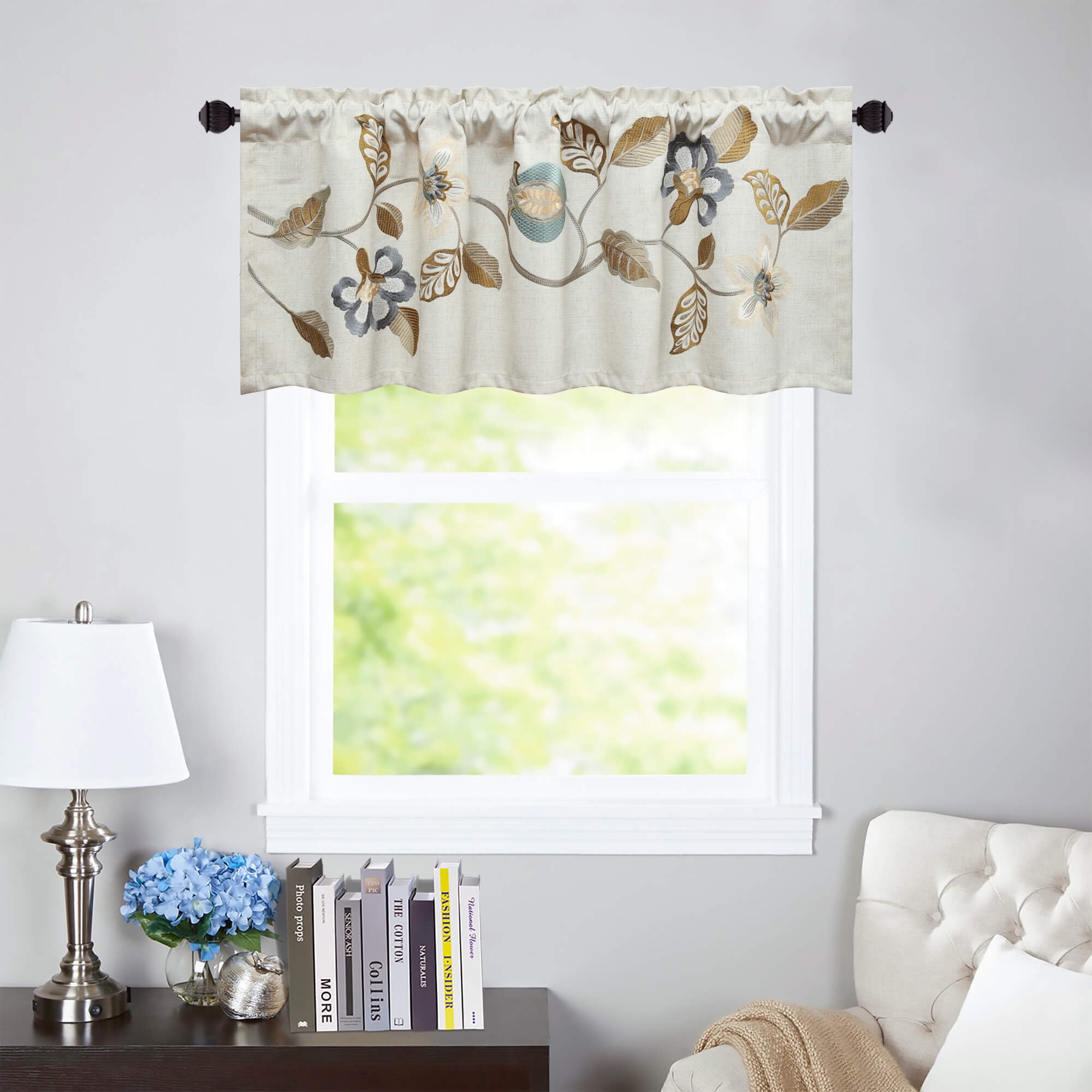 NATURE Embroidery Window Valance, Floral Design, Light Filtering, Rod ...