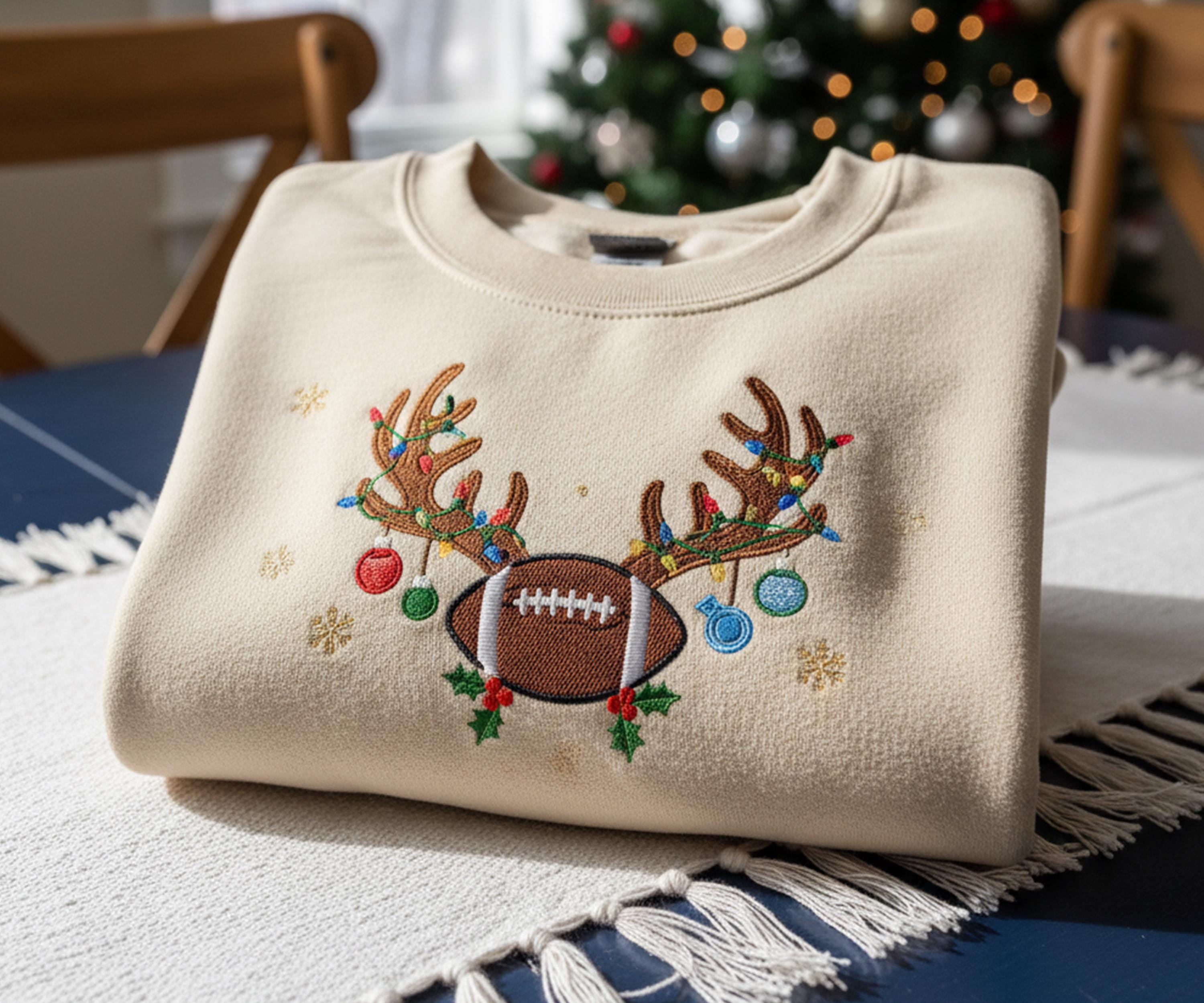 Embroidered Football Reindeer Sweatshirt: Festive Christmas Lights ...