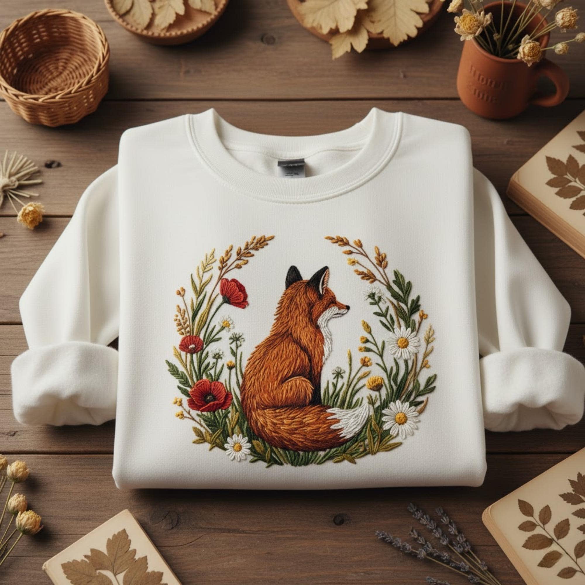 Embroidered Fox and Flowers Sweatshirt Cottagecore Nature Inspired ...