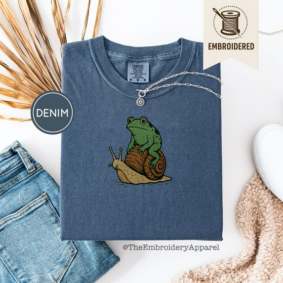 Embroidered Frog Riding Snail Shirt, Cute Cottagecore Animal Tee ...