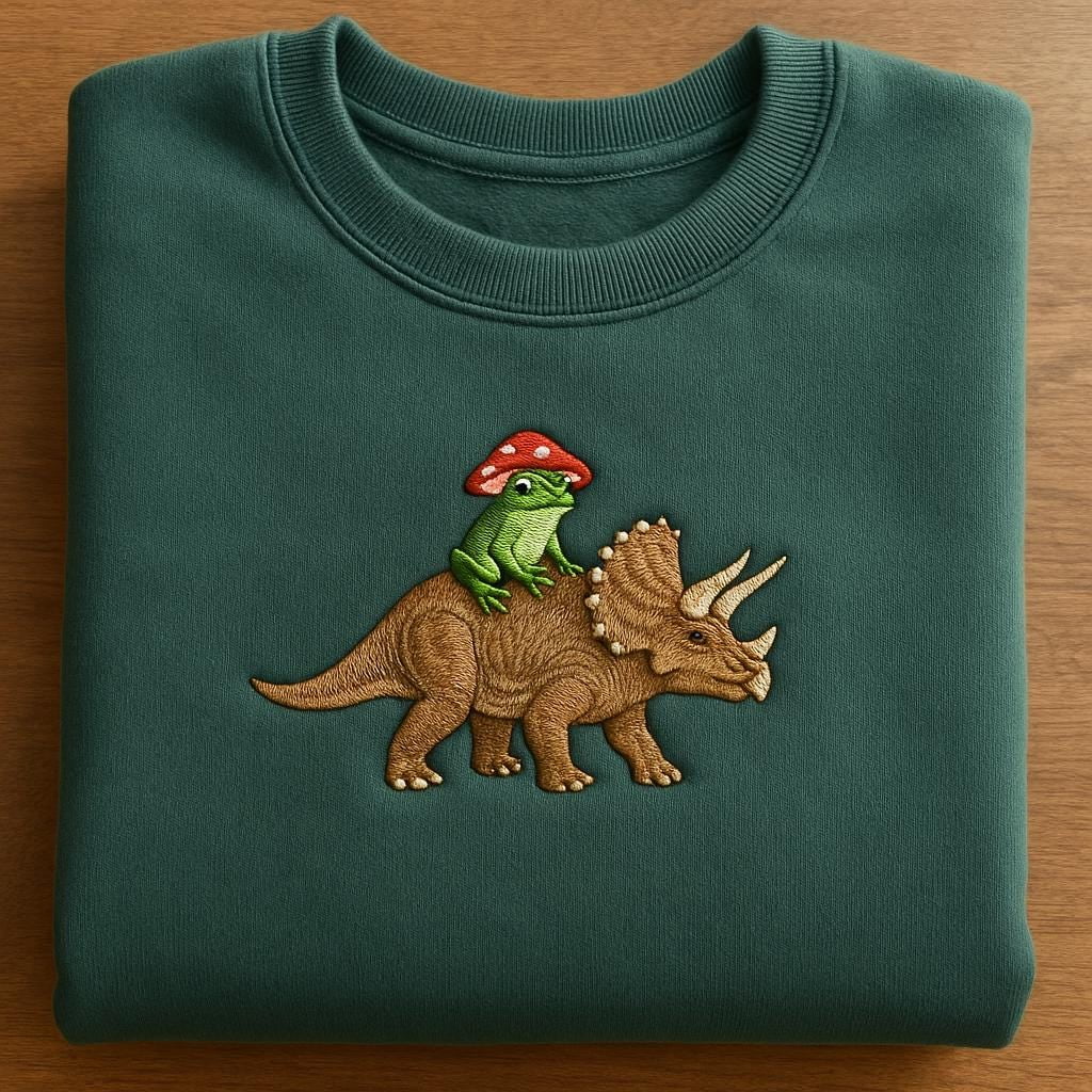Embroidered Frog Riding Triceratops Sweatshirt, Cottagecore Crewneck ...
