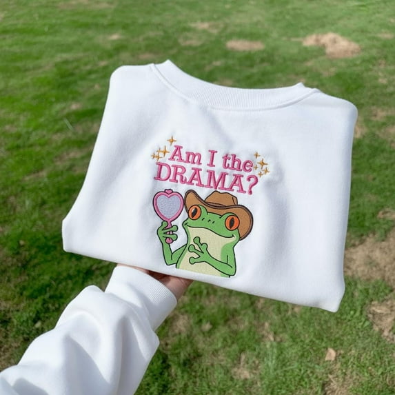 Embroidered Frog Sweatshirt, 'Am I the Drama' Meme Crewneck - Walmart.com