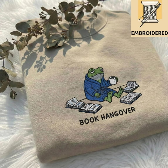 Embroidered Frog Sweatshirt, Book Hangover Crewneck, Cozy Reading Frog ...