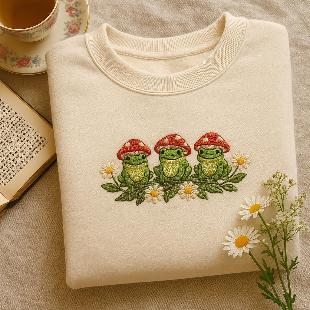 Embroidered Frog Sweatshirt, Mushroom Hat Frogs Hoodie, Cottagecore ...