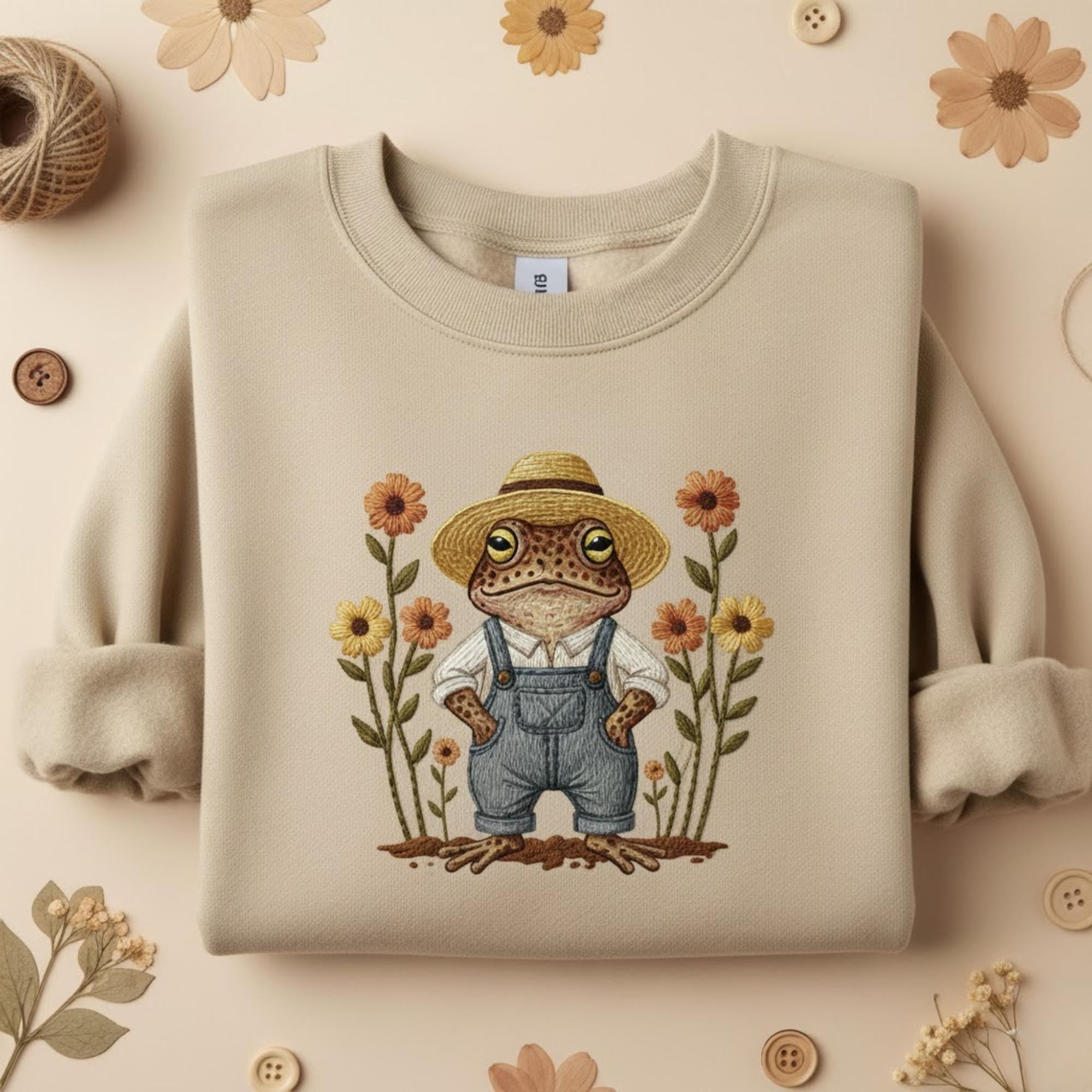 Embroidered Frog and Flowers Sweatshirt Cute Farm Frog in Overalls with ...