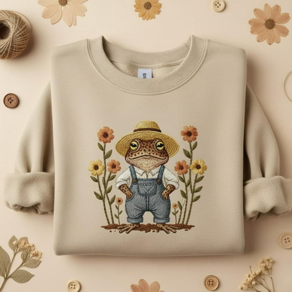 Embroidered Frog and Flowers Sweatshirt Cute Farm Frog in Overalls with ...