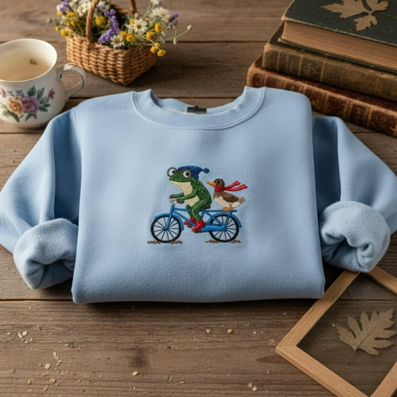 Embroidered Frog and Goose on Bike Shirt Whimsical Animal Tee Funny ...