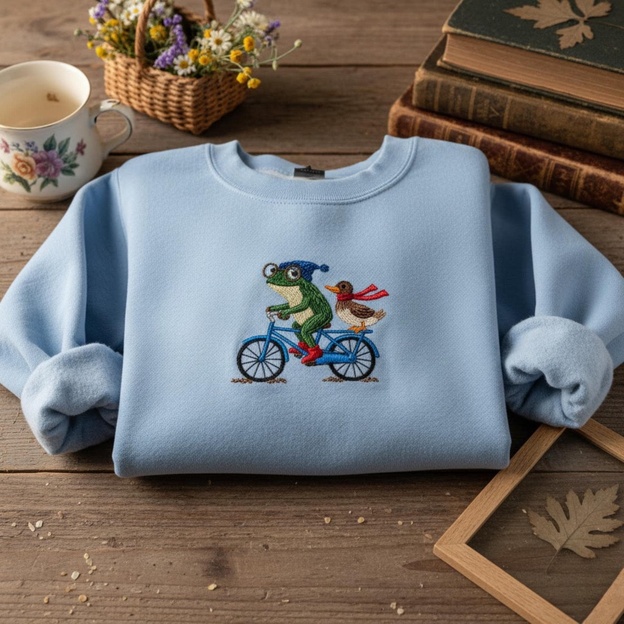 Embroidered Frog and Goose on Bike Shirt s Whimsical Animal Tee Funny Cottagecore Gift Nature ...