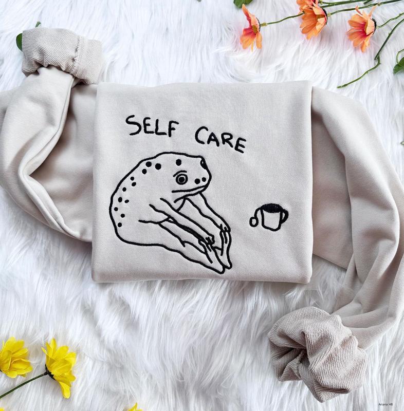 Embroidered Funny Frog Self Care Swea. Funny Retro Embroidered ...
