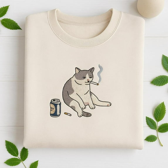Embroidered Funny Smoking Cat Meme Shirt, Cigarette Cat Shirt, Gen Z ...
