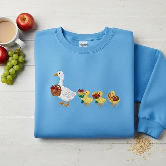 Embroidered Goose & Ducklings Sweatshirt, Cute Basket Duck Crewneck ...