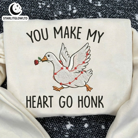 Embroidered Goose Valentine's Day Sweater, Funny Heart Honk Shirt ...