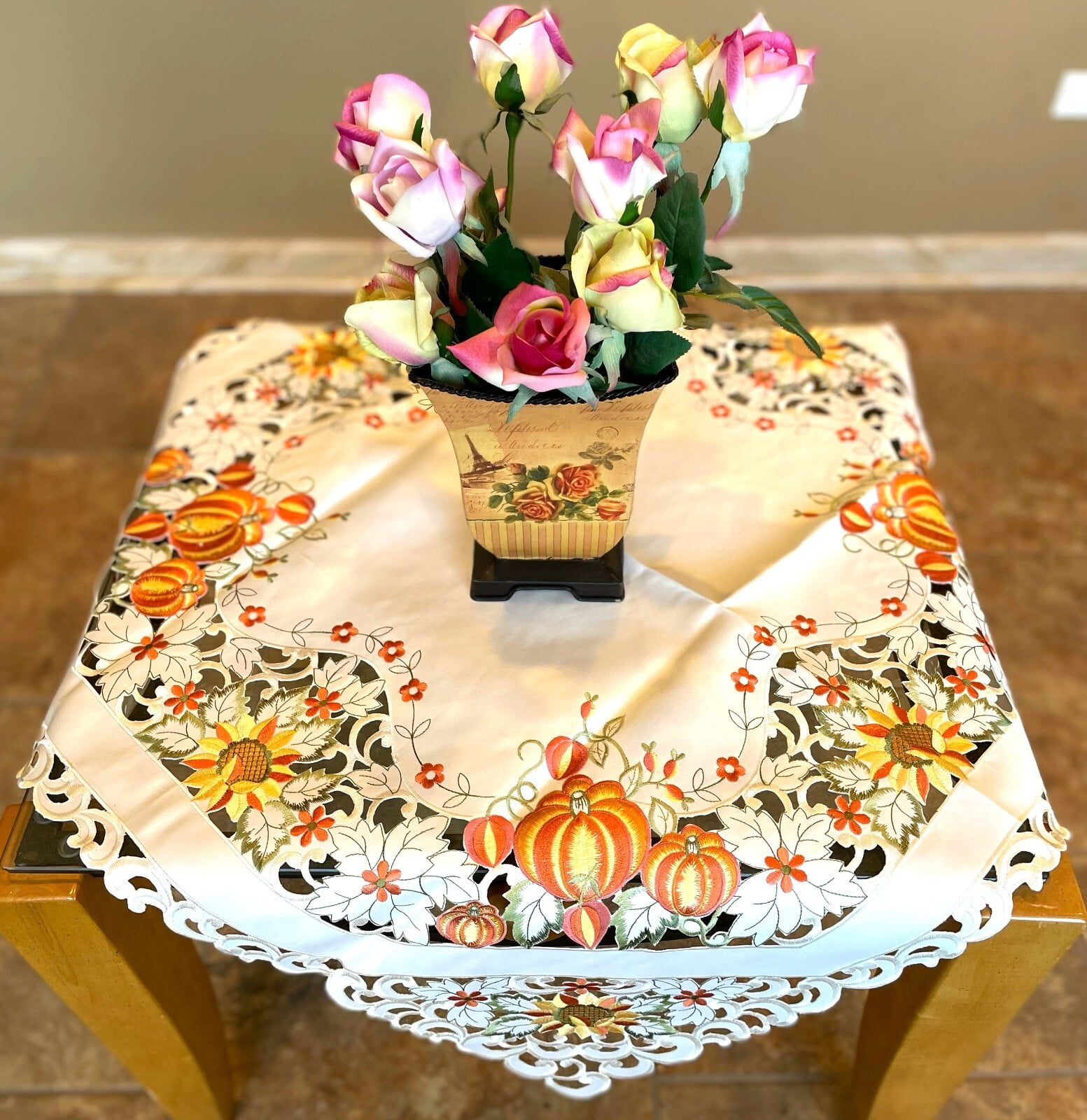 Embroidered & Hand-Cut Table Topper with Pumpkin / Fall Design 33x33 ...