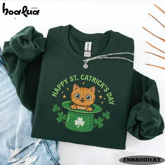 Embroidered Happy St. Catrick's Day Cat Sweatshirt – Perfect Gift for ...