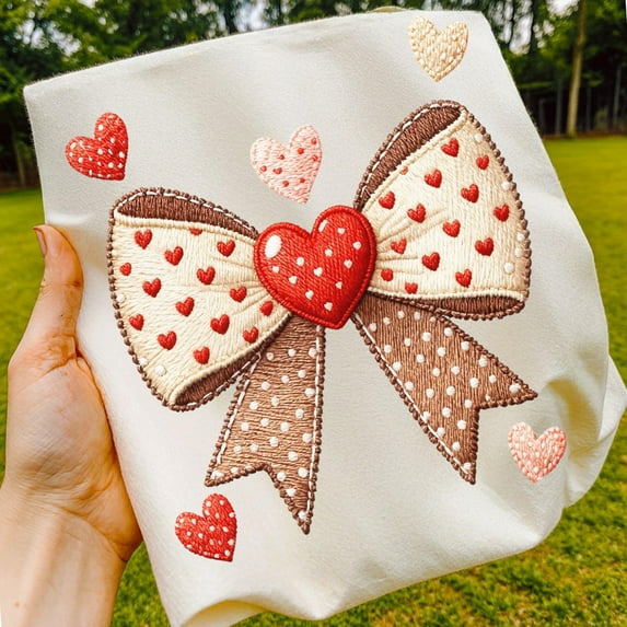 Embroidered Heart Bow | Polka Dot Ribbon with Heart | Valentine's Day ...