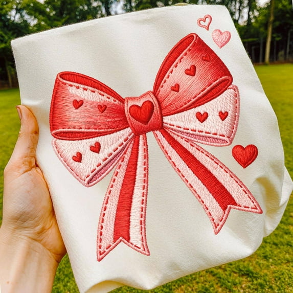 Embroidered Heart Ribbon Bow | Valentine's Day Graphic | Red and Pink ...