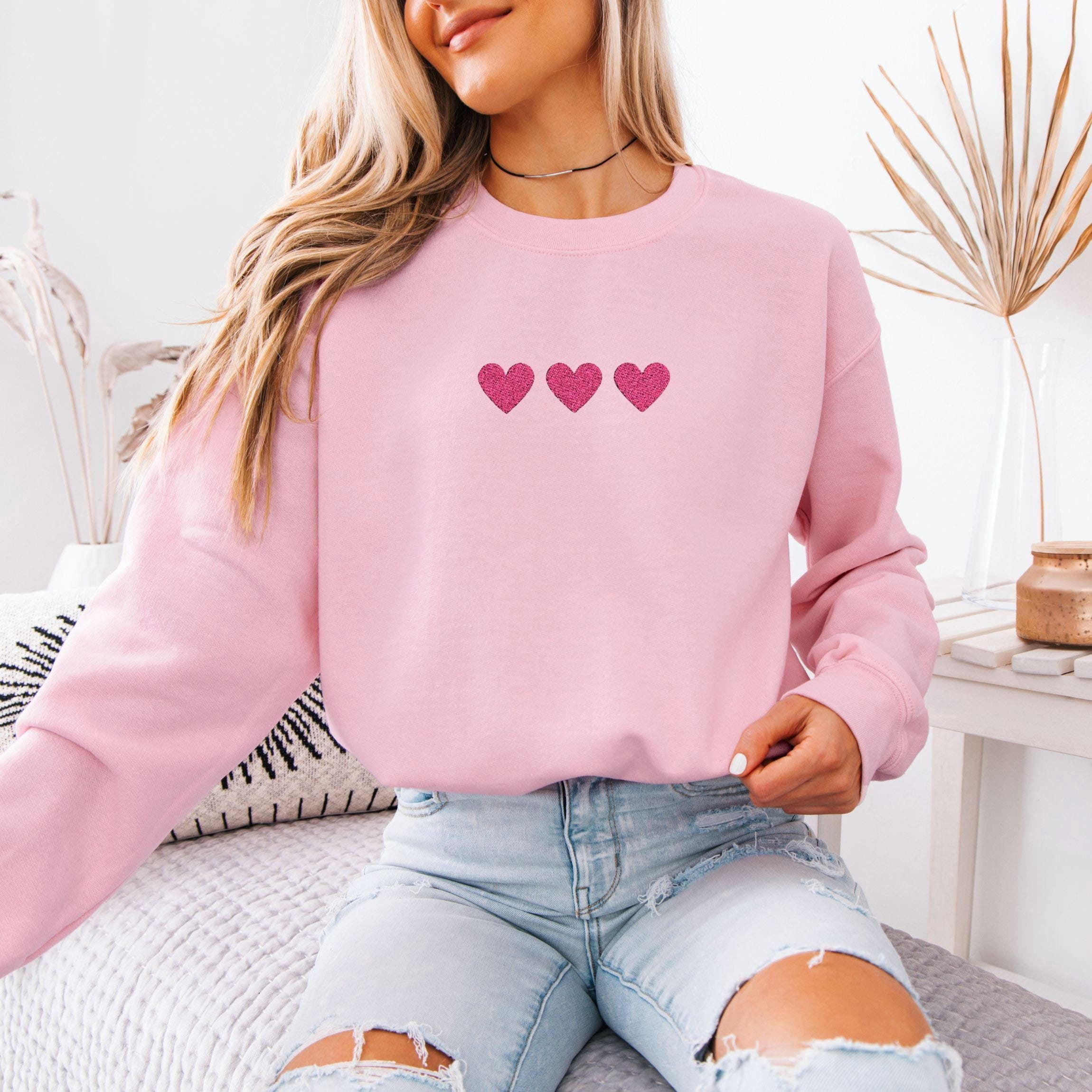 Embroidered Hearts Sweatshirt, Cute Heart Sweater, Minimalist Coquette ...
