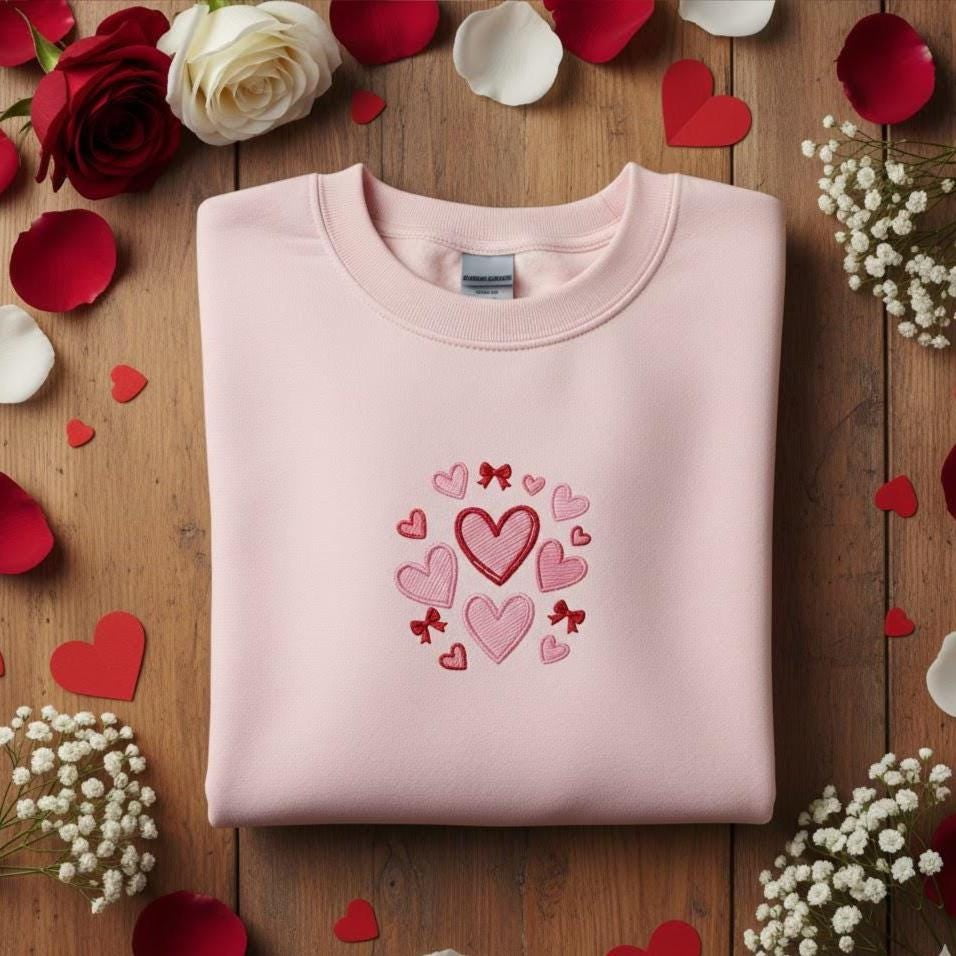 Embroidered Hearts Sweatshirt Valentine Love String Cute Crewneck Cozy ...