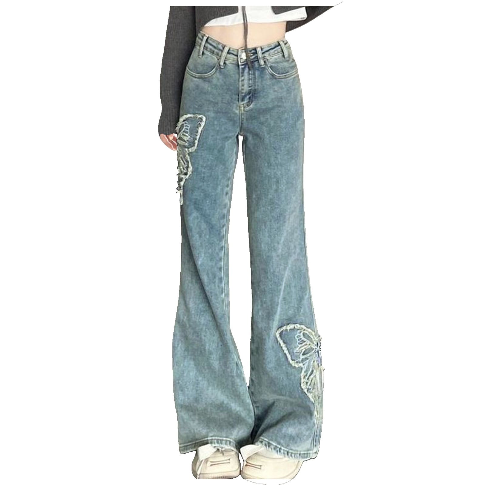 Embroidered High-Waisted Skinny Fur-Edged Jeans Straight Leg Pants Bow ...