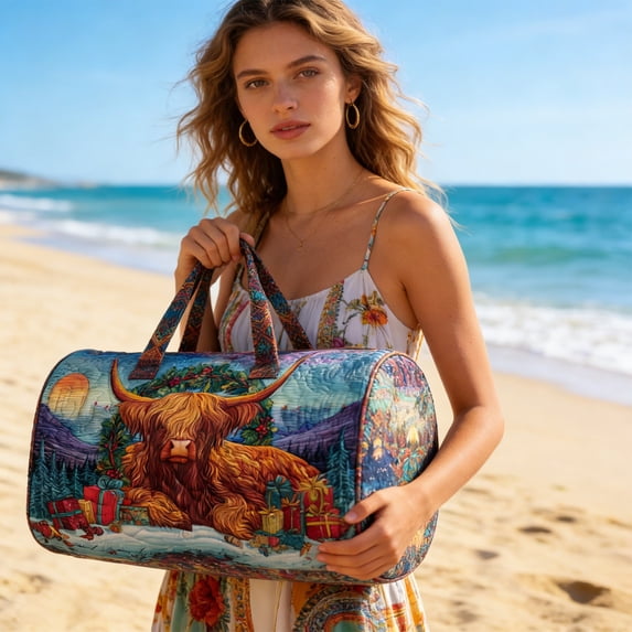 Embroidered Highland Cow Tote Gym Travel Bag, Hand-Stitched Quilted ...