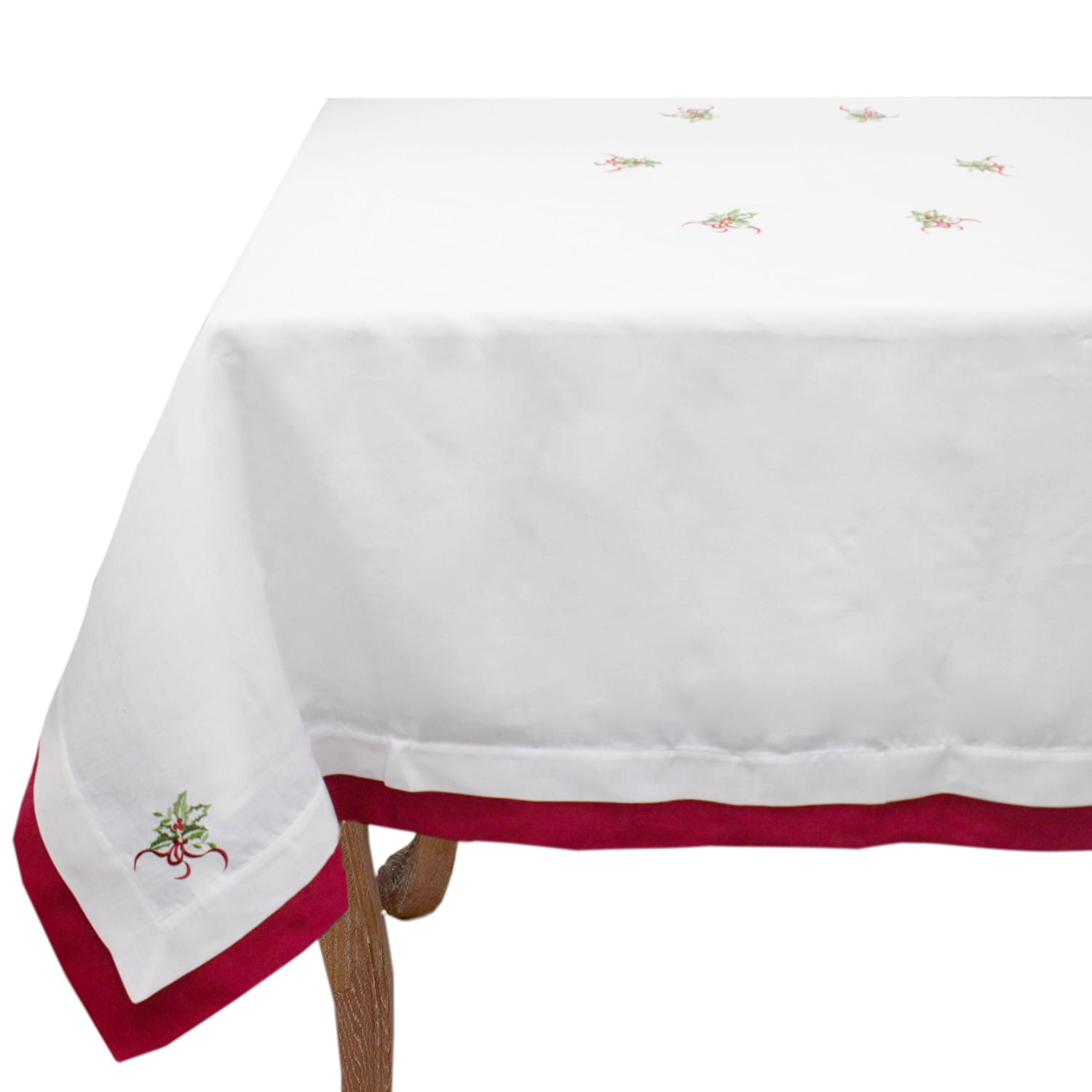 Embroidered Holly Christmas Tree Double-Layer Holiday Tablecloth (White ...