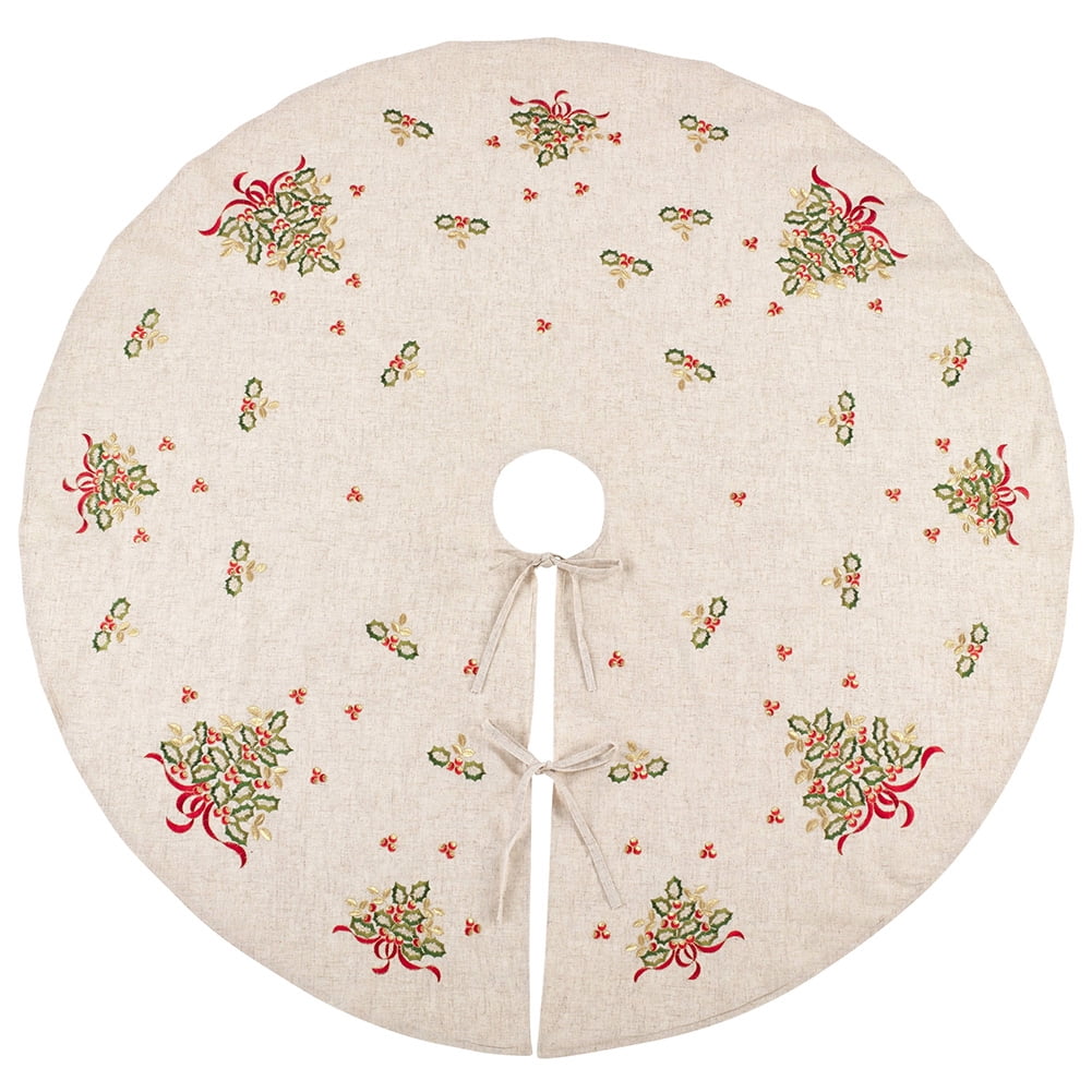 Embroidered Holly Design Decorative Linen Blend Christmas Tree Skirt ...