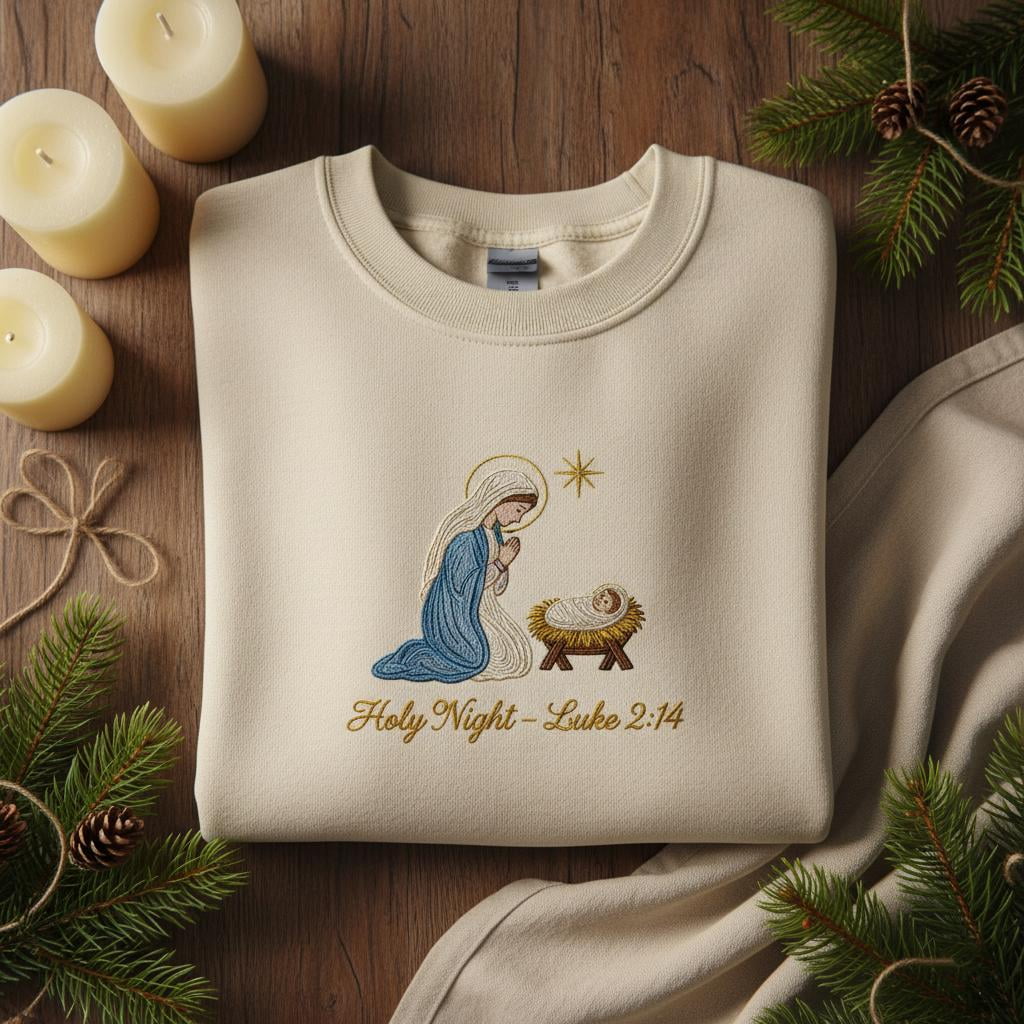 Embroidered Holy Night Nativity Scene Sweatshirt, Mary & Baby Jesus ...