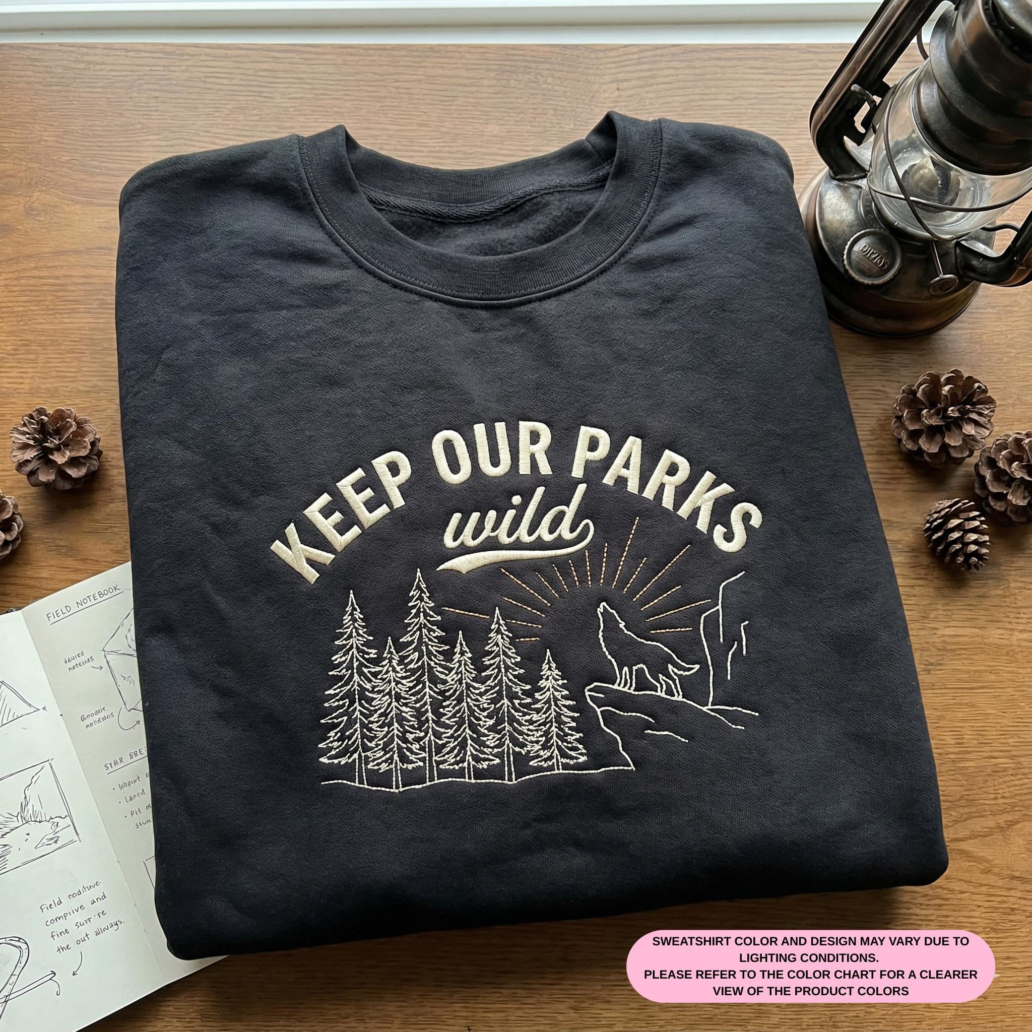 Embroidered Howling Wolf Sweatshirt, Keep Our Parks Wild, Forest Night ...