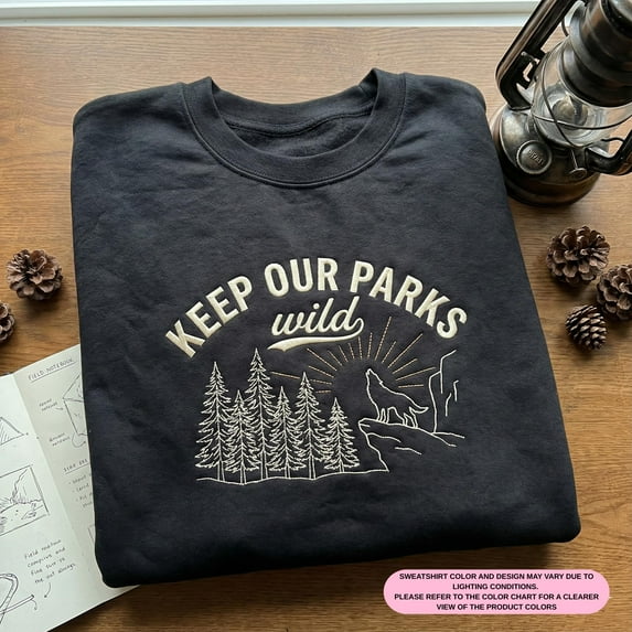 Embroidered Howling Wolf Sweatshirt, Keep Our Parks Wild, Forest Night ...