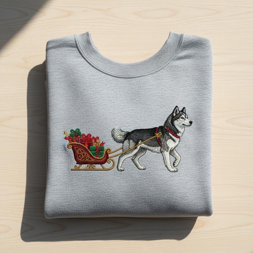 Embroidered Husky Dog Pulling Sleigh Sweatshirt, Christmas Gift Sled ...