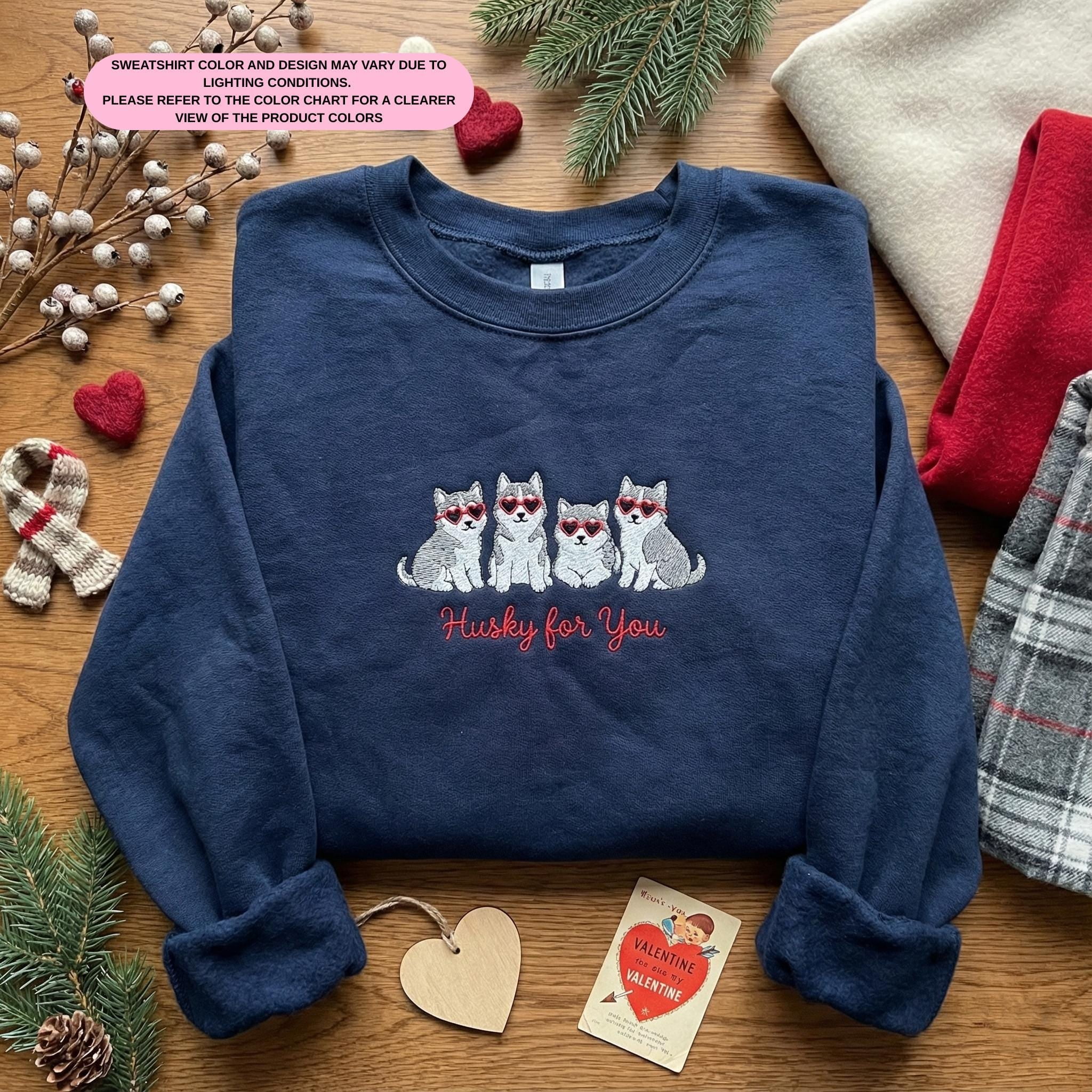 Embroidered Husky Sweatshirt, Dog Valentine Crewneck, Cute Heart Eye ...