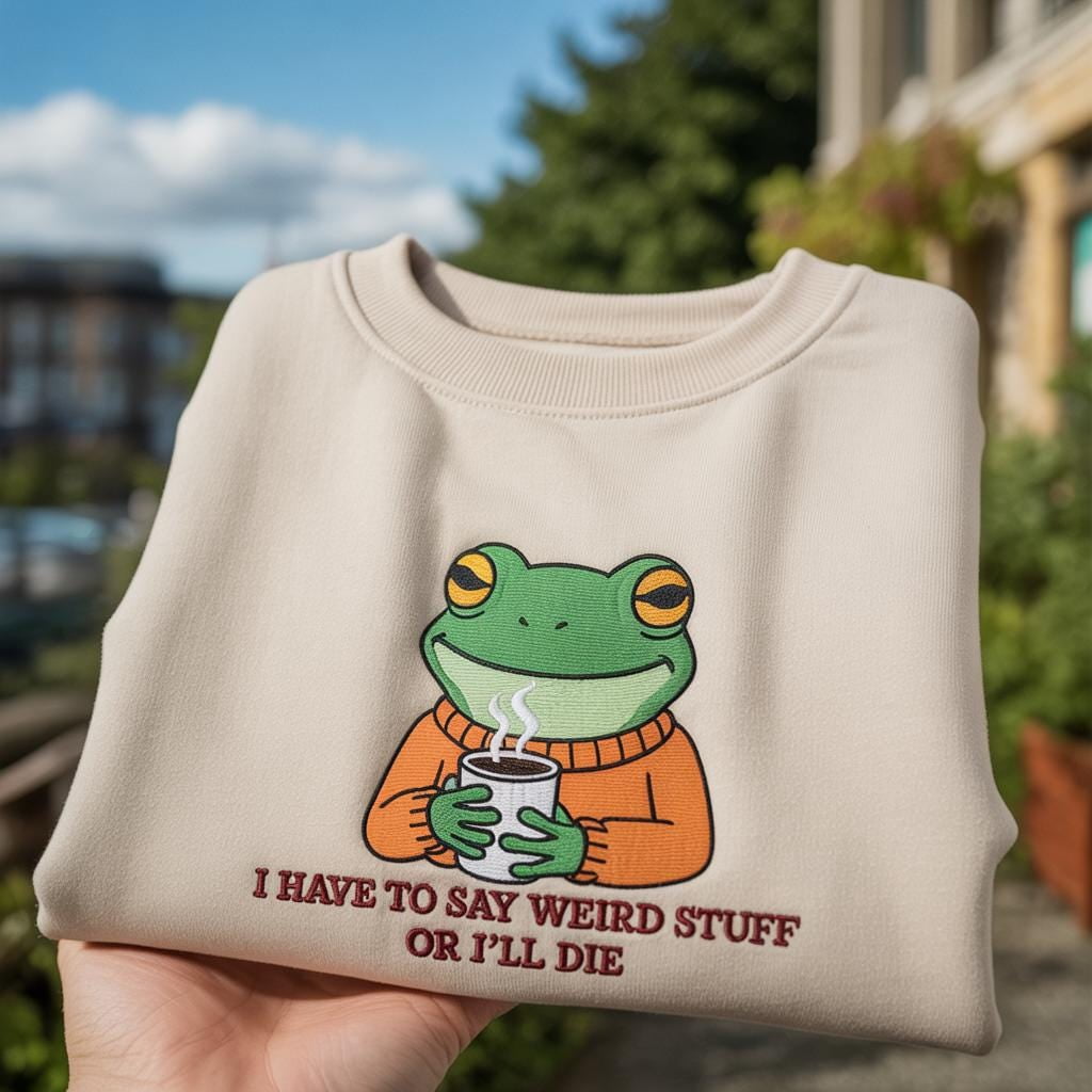 Embroidered I Have to Say Weird Stuff Or I'll Die Frog Drinking Coffee ...