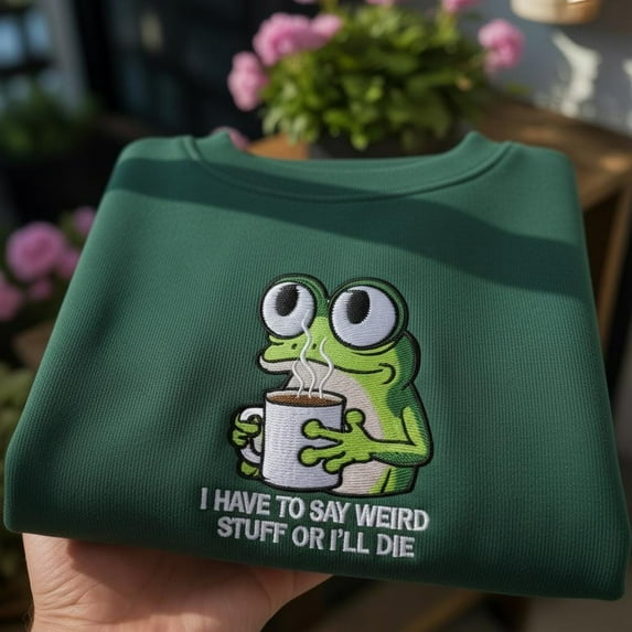 Embroidered I Have to Say Weird Stuff Or I'll Die Frog Drinking Coffee ...