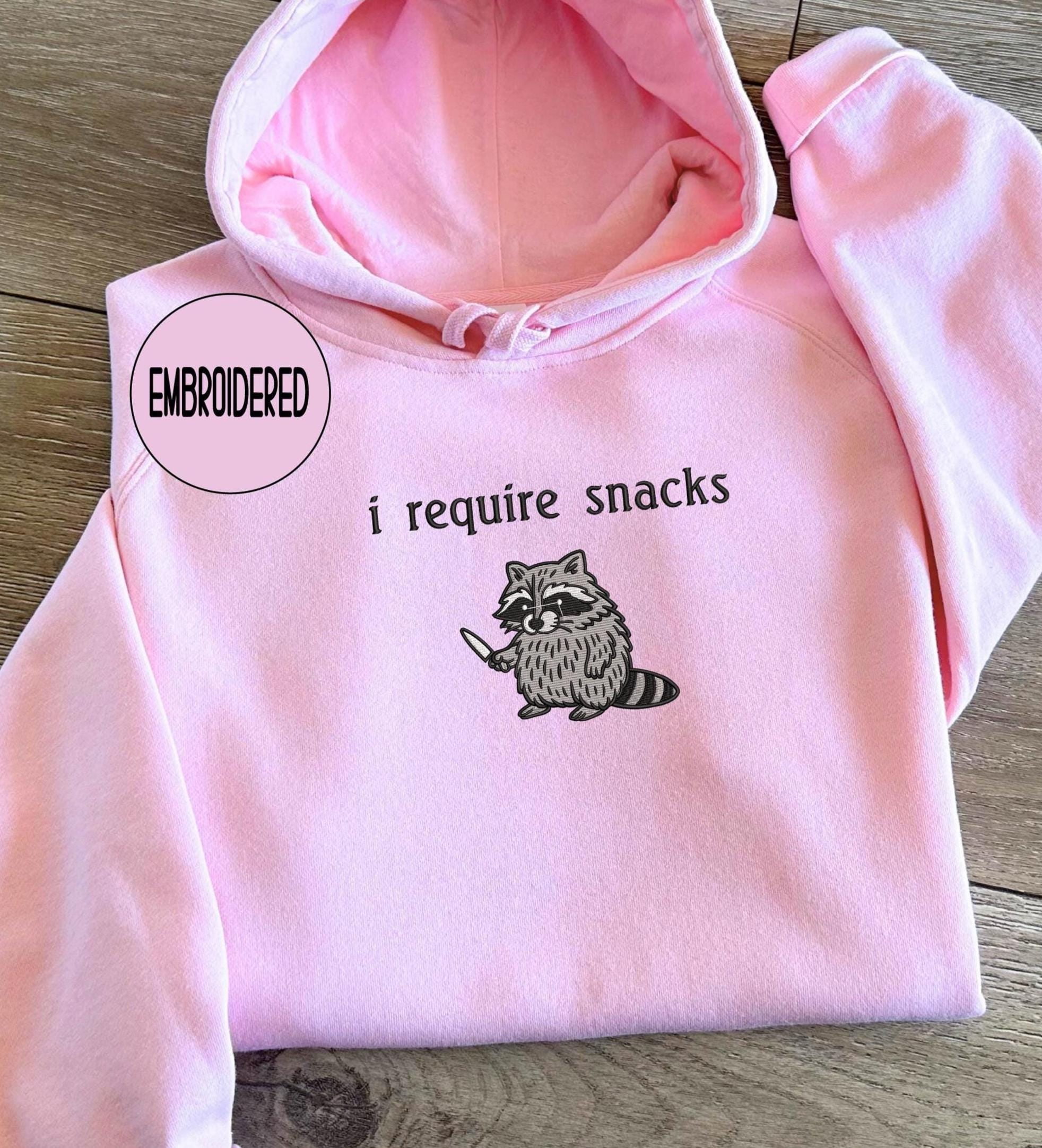 Embroidered I require snacks Sweatshirt, Funny feral raccoon crewneck ...