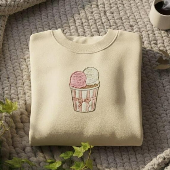 Embroidered Ice Cream Cup Sweatshirt Cute Dessert Lover Embroidered ...