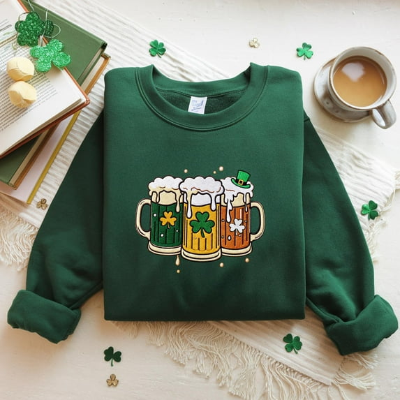 Embroidered Irish Beer St. Patrick's Day Sweatshirt, Lucky Clover ...