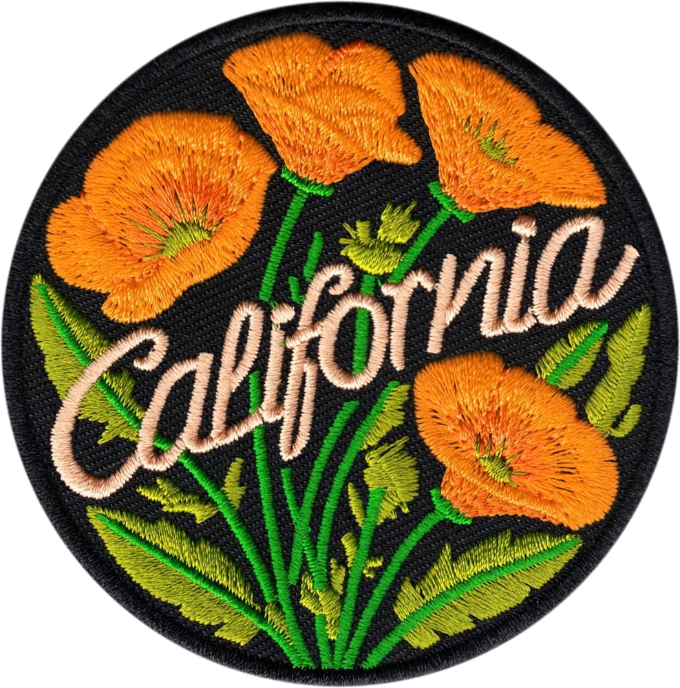 Embroidered Iron on Patch - California with Golden Poppies On Black ...