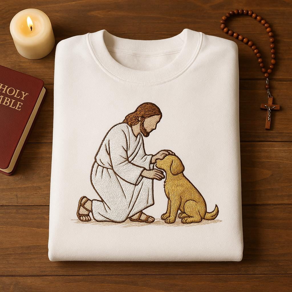 Embroidered Jesus Petting Dog Sweatshirt, Christian Dog Lover Crewneck ...