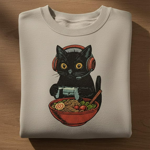 Embroidered Kawaii Gamer Cat Meme Sweatshirt, Cute Ramen Japanese Retro ...