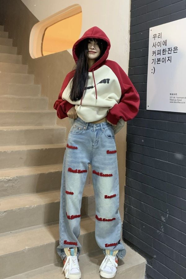 Embroidered Letters Solid Straight High Waist Jeans (L, MultiRed ...